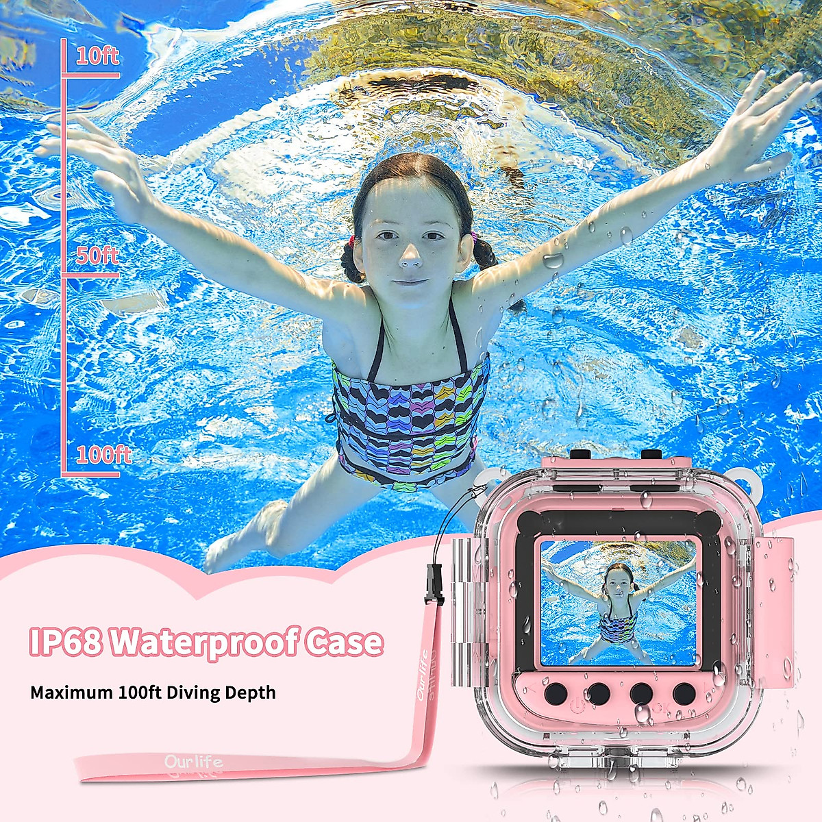 Ourlife Waterproof Camera for Kids, 1080P HD Kids Digital Action Camera Underwater Camera with 8GB SD Card, Birthday Gift Toys for Girls Age 3-14