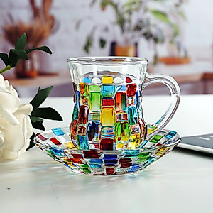 StarLuckINT Unique glass teacups, 4 oz glass espresso cups and saucers, hand-painted stained cups, set of 2, dishwasher microwave safe, for Lungo, Moka, Americano and small hot drinks (warm colors)