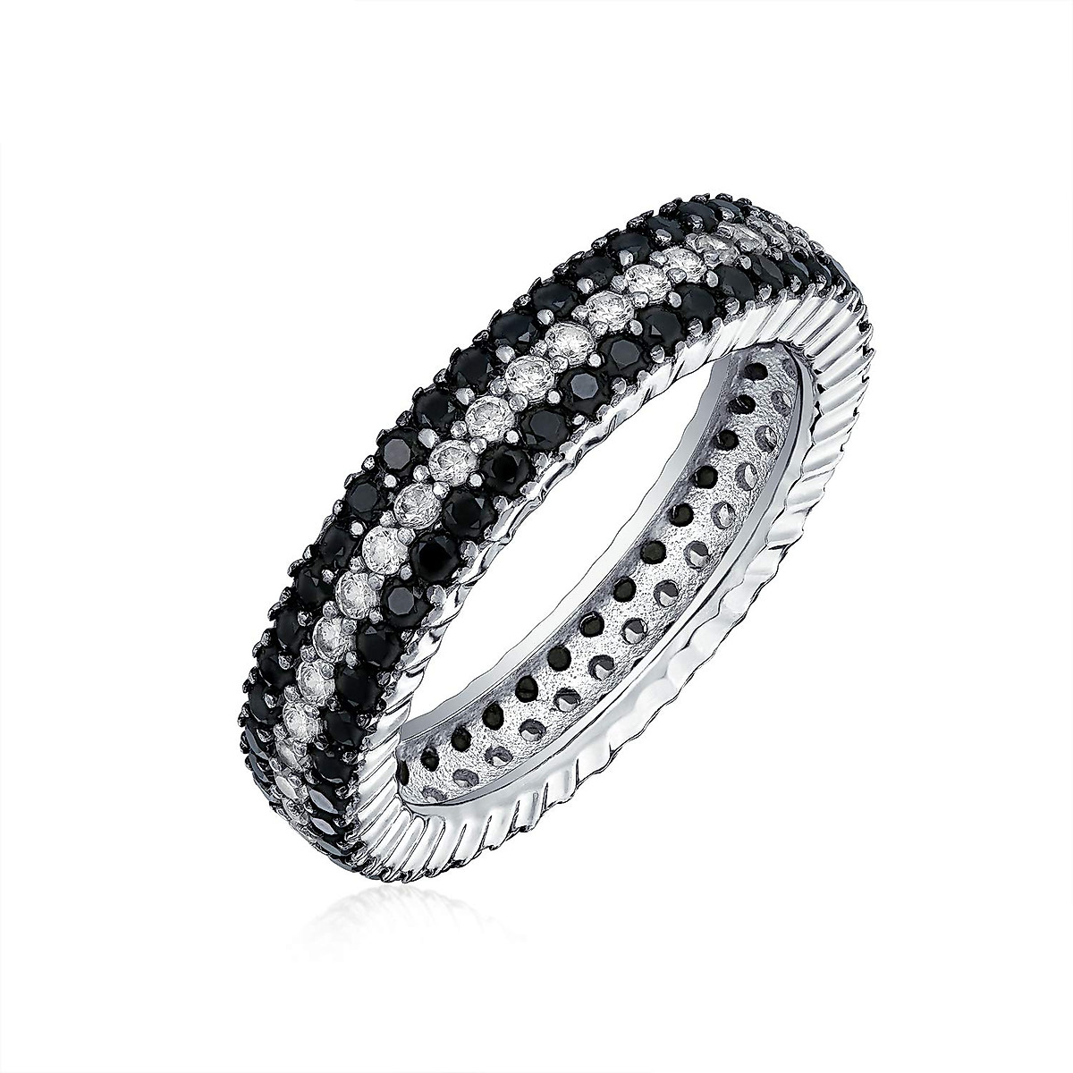 Pave Cubic Zirconia Two Tone 3 Row Stripe AAA CZ Statement Black & White Wedding Eternity Band Ring For Women .925 Sterling Silver