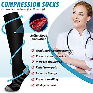 BLUEENJOY Copper Compression Socks for Women & Men (6 pairs) - Best Support for Nurses, Running, Hiking, Recovery
