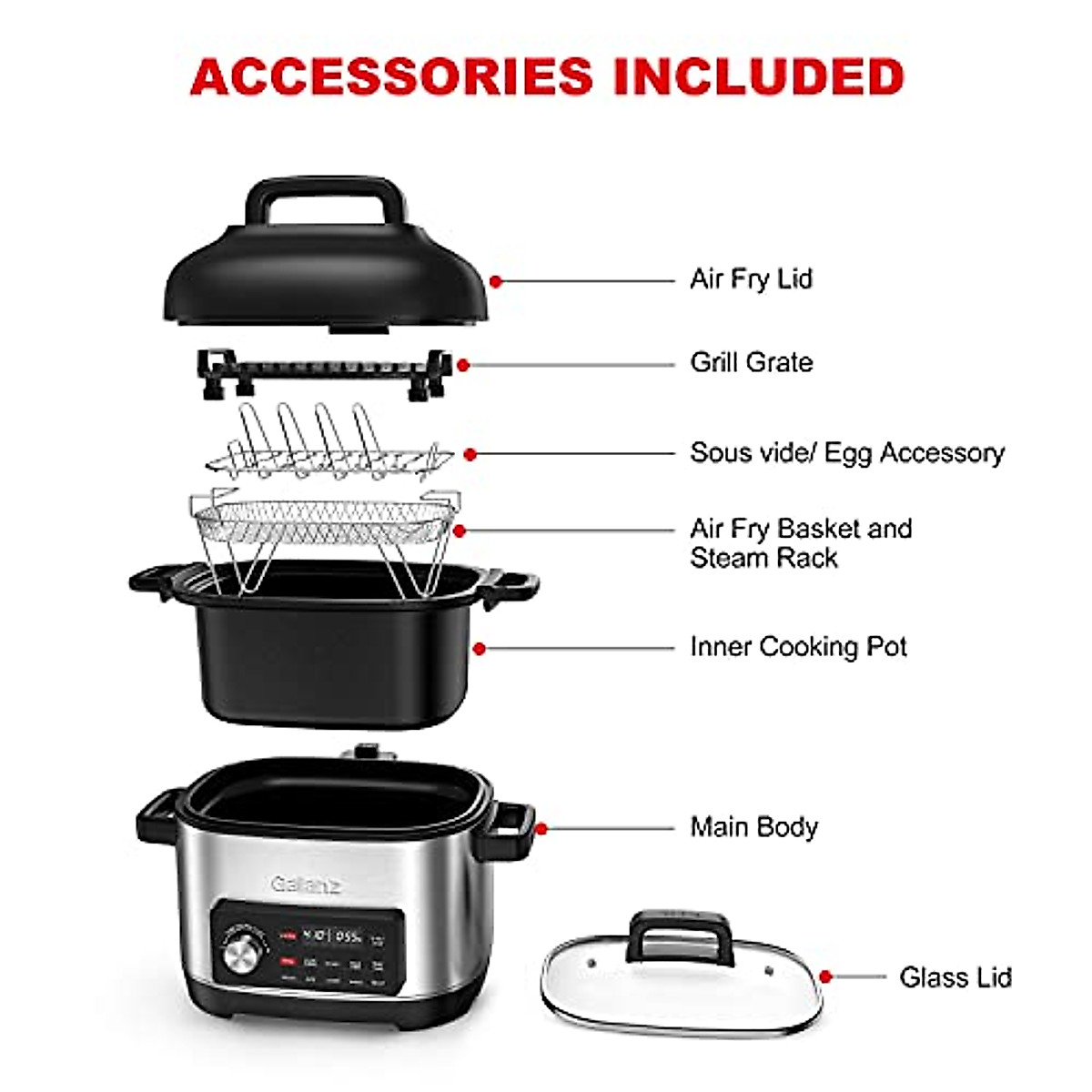 Galanz 8-in-1 Multi Cooker with Air Fry, Sous Vide, Rice, Sauté, Slow Cook, Steam, Roast, & Grill - Removable 8 QT Cooking Bowl, 8 Pre-Set Programs, Stainless Steel