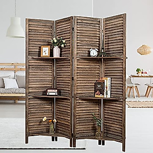 Proman Products Rancho Shelf 4 Panel Room Divider FS17191, Folding Screen, Privacy Screen, Room Partition, Paulownia Wood, (Max Extend with Shelves) 47" W x 11" D x 67" H, Rustic Brown