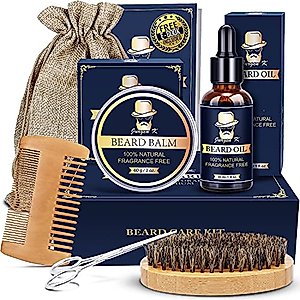 Beard Kit for Men Gifts - Beard Care Kit Gifts Set with Beard Oil, Beard Balm, Beard Brush & Comb, Scissors - Men Gifts for Men Dad Husband Grandpa Brother Boyfriend - Valentine's Day Gifts for Him