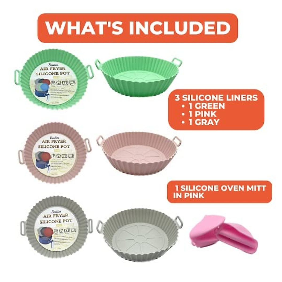 Bestiee 3-Pks Reusable Air Fryer Liners with Mitten | Fits for 3 to 7 QT | 8" Round Thick Non-Stick Food Grade Air Fryer Silicone Liners | Non-Flammable Air Fryer Liners Reusable | Green,Pink,Gray
