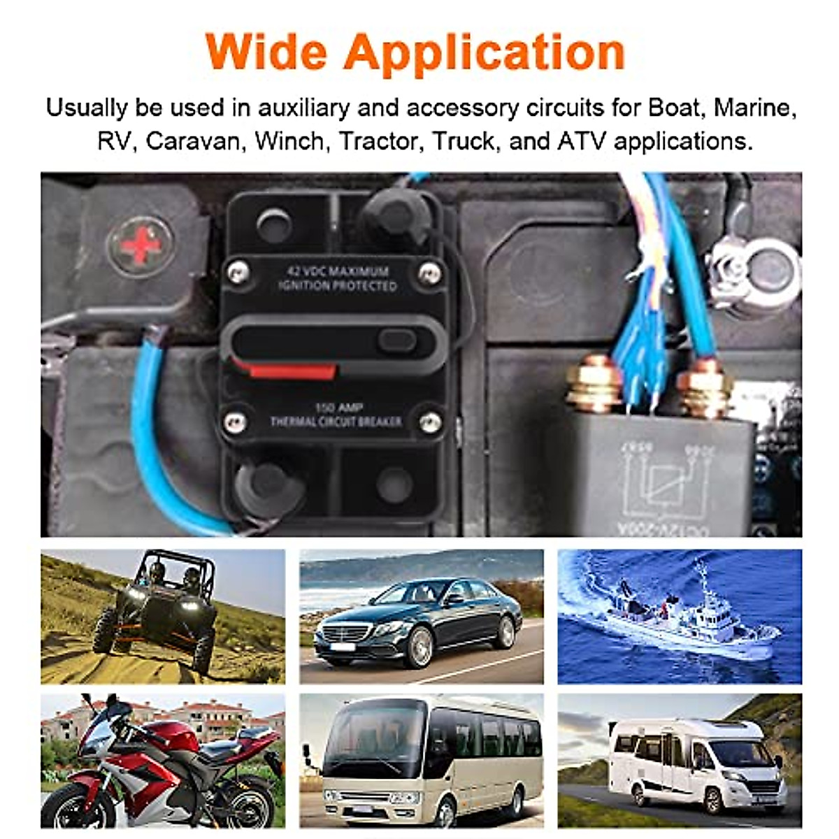 Motoparty 150 Amp Circuit Breaker Switches with Manual Reset Fuse Inverter for Car Marine Trolling Motors Boat ATV DC 12V -42V Waterproof Current Overload Protection(150 A)