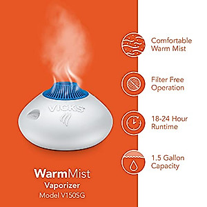 Vicks Warm Steam Vaporizer, Small to Medium Rooms, 1.5 Gallon Tank – Warm Mist Humidifier for Baby and Kids Rooms with Night Light, Works with Vicks VapoPads and VapoSteam