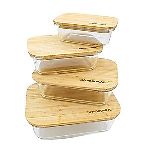 Bambooware Glass Containers with Lids | Non Plastic Glassware Set - Natural Raw Organic Wooden Bamboo Lids | Set of 4 | Reusable, BPA Free | Perfect for Meal Prep, Lunch, Leftovers, Kitchen