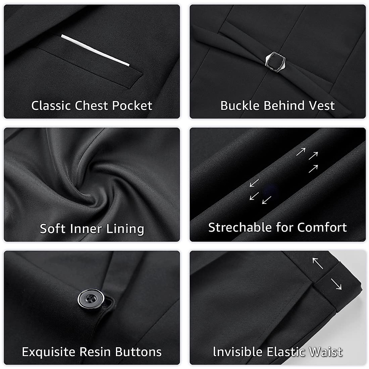 YND Men's Slim Fit 3 Piece with Stretch Fabric, One Button Solid Jacket Vest Button Pants with Stretch Fabric, Party Wedding Dress Blazer, Personalized Color and Size, Black (Stretch Fabric)