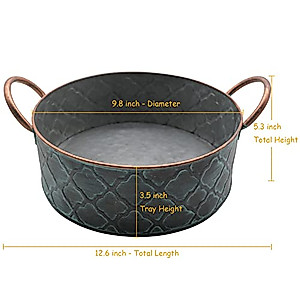 Farmway Decorative Galvanized Metal Round Serving Tray with Handles, Indoor and Outdoor Rustic Farmhouse Decor Food Serving Tray - Grey Green - 12.6”L × 9.8”W × 5.3”H