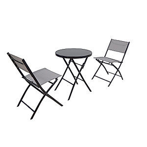BTEXPERT 3-Piece Patio Bistro Dining Furniture Set Portable Folding Picnic Table Two Chairs Outdoor Foldable Gray for Backyard Porch Party RV Event Camping Commercial Grade Tempered Glass No Assembly