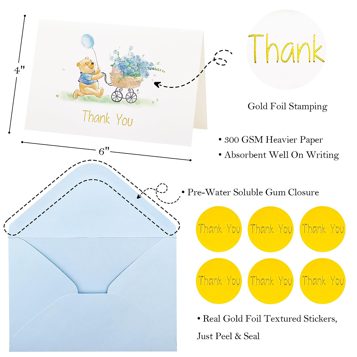 Crisky Baby Shower Blue Gold Foil Thank You Cards with Envelopes 50 Pack Greeting Notes Bulk (Cute Bear with Baby Carriage)