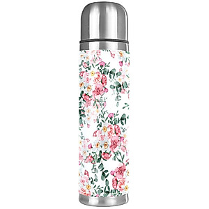Stainless Steel Leather Vacuum Insulated Mug Flowers Thermos Water Bottle for Hot and Cold Drinks Kids Adults 16 Oz