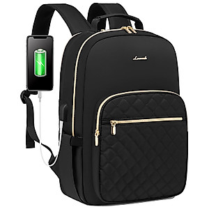 LOVEVOOK Laptop Backpack for Women, Stylish Quilted Backpacks Purse for Business Work Travel, Computer Bags College Student Bookbag, with USB Port fits 15.6-inch Laptop, Black