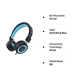 NIVAVA Kids Headphones, K8 Wired Headphones for Kids with Adjustable Headband, 3.5 MM Jack for School, Foldable On-Ear Headset for Girls Boys Kindle Tablet Cellphones Airplane Travel(Blue)