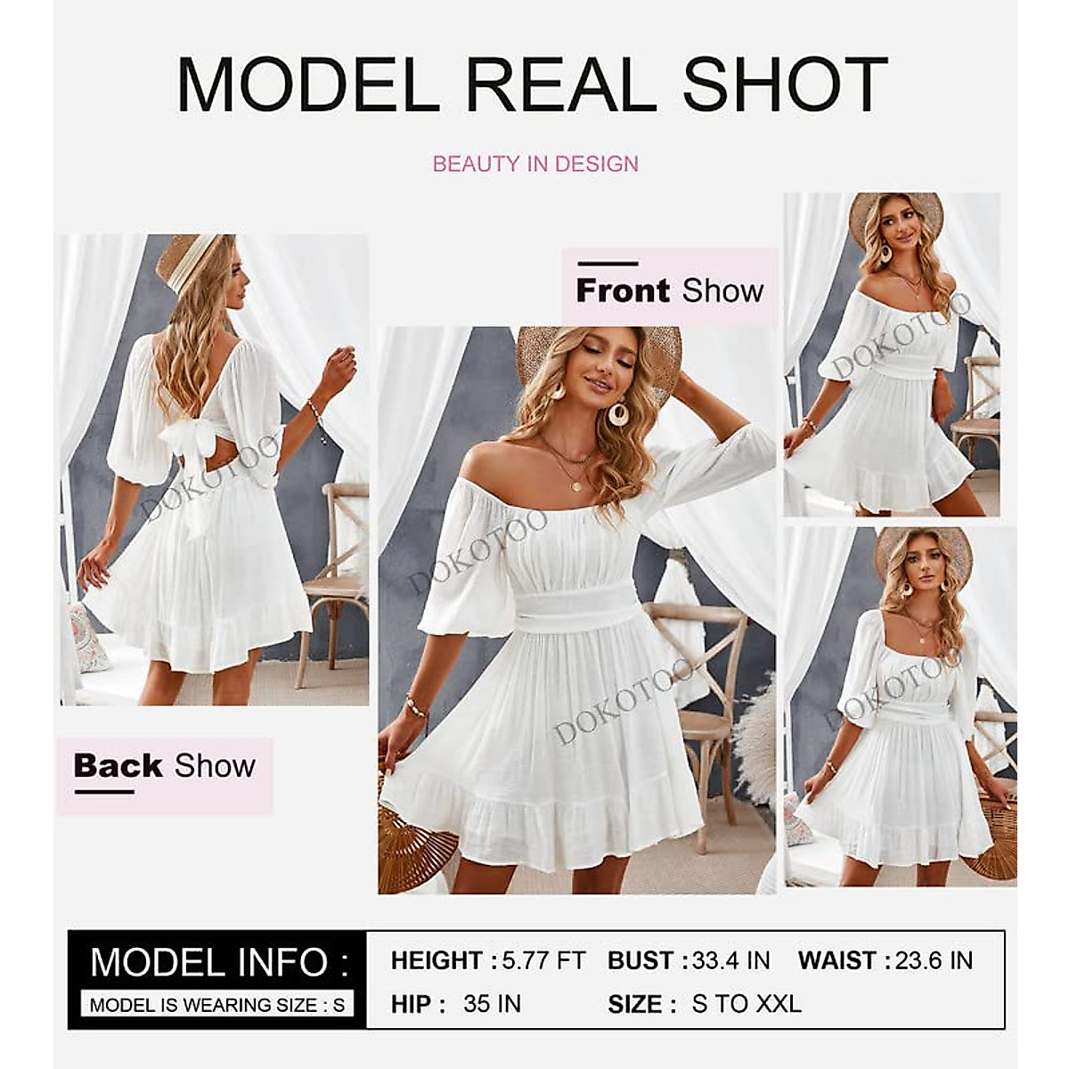 Dokotoo Square Neck Summer Dresses for Women 2023 Puff Sleeve Tie Backless Sexy Dresses Elastic Waist Ruffle A-Line Casual White Dress for Wedding Guest Small