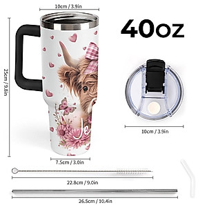 Zxyhomex Personalize Cute Pink Cow Print Tumbler 40 oz with Handle Straw Lid, Heifer 40oz Vacuum Insulated Coffee Mug, Highland Cow Birthday Gifts