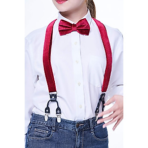 TIE G Men's Glitter Velvet Suspender + Bow Tie Set for Wedding, Party : Glittering Effects, Adjustable Braces, Strong 6 Clips (Twinkle Silver)