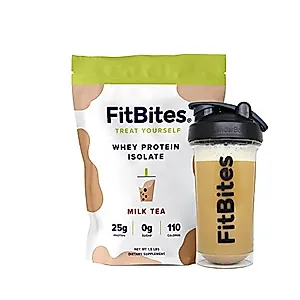 FitBites 100% Whey Isolate Protein Powder (Milk Tea), 5.9g BCAAs, Gluten Free, Zero Sugar