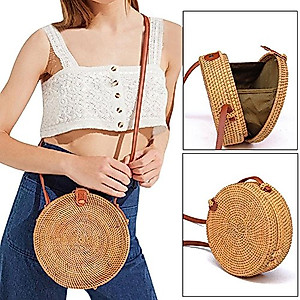Handwoven Round Rattan Bag Purse for Women, Tote Basket Circle Boho Bag Bali