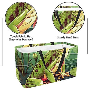 Reusable Grocery Bags Boxes Storage Basket, Red Eye Frog Pattern Collapsible Utility Tote Bags with Long Handle