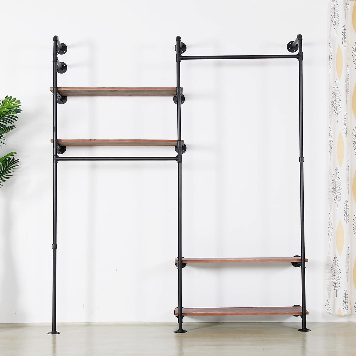 EDCB Industrial Pipe Double Hanging Rods Clothing Rack with 4 Tier Shelves, Heavy Duty Garment Rack Display Rack On Wall for Hanging Clothes Retail Display, Black