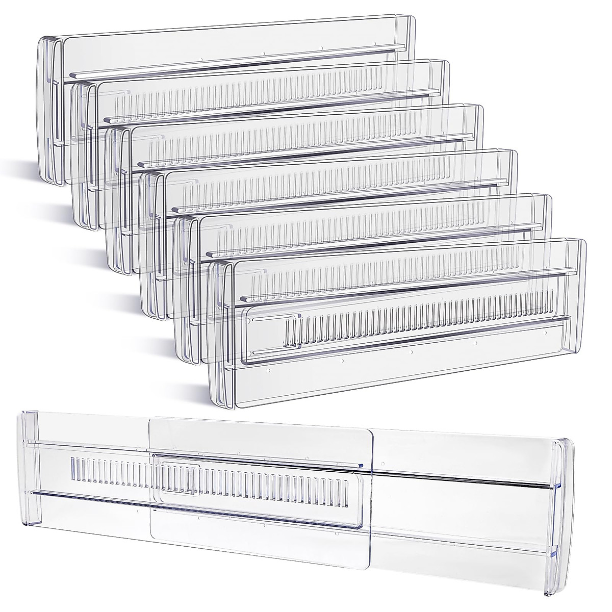 Drawer Dividers, 6 Pack Adjustable Drawer Organizers 3.2" High Expandable from 11.3-20" Clear Expandable Dresser Organizer for Clothes Kitchen Utensils Cutlery Drawer Organizers Set