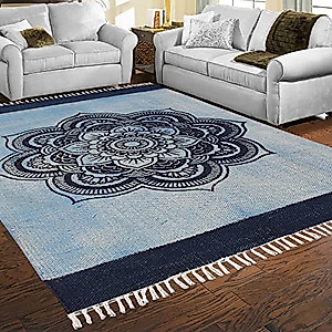 Casavani Indian Handmade Cotton Dhurrie Floral Blue & Black Area Rug Boho Kilim Flat Weave Rug Indoor Hall Room Decor Carpet Throw Rugs for Bedroom Living Room Bathroom Balcony 2x3 Feet