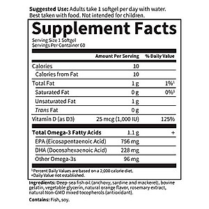 Garden of Life Minami Supercritical Platinum Omega 3 Fish Oil Supplement - Orange, Ultimate Once Daily for Heart & Brain Health, 1100Mg Omega-3S, 1,000 Iu Vitamin D3, 60 Softgels