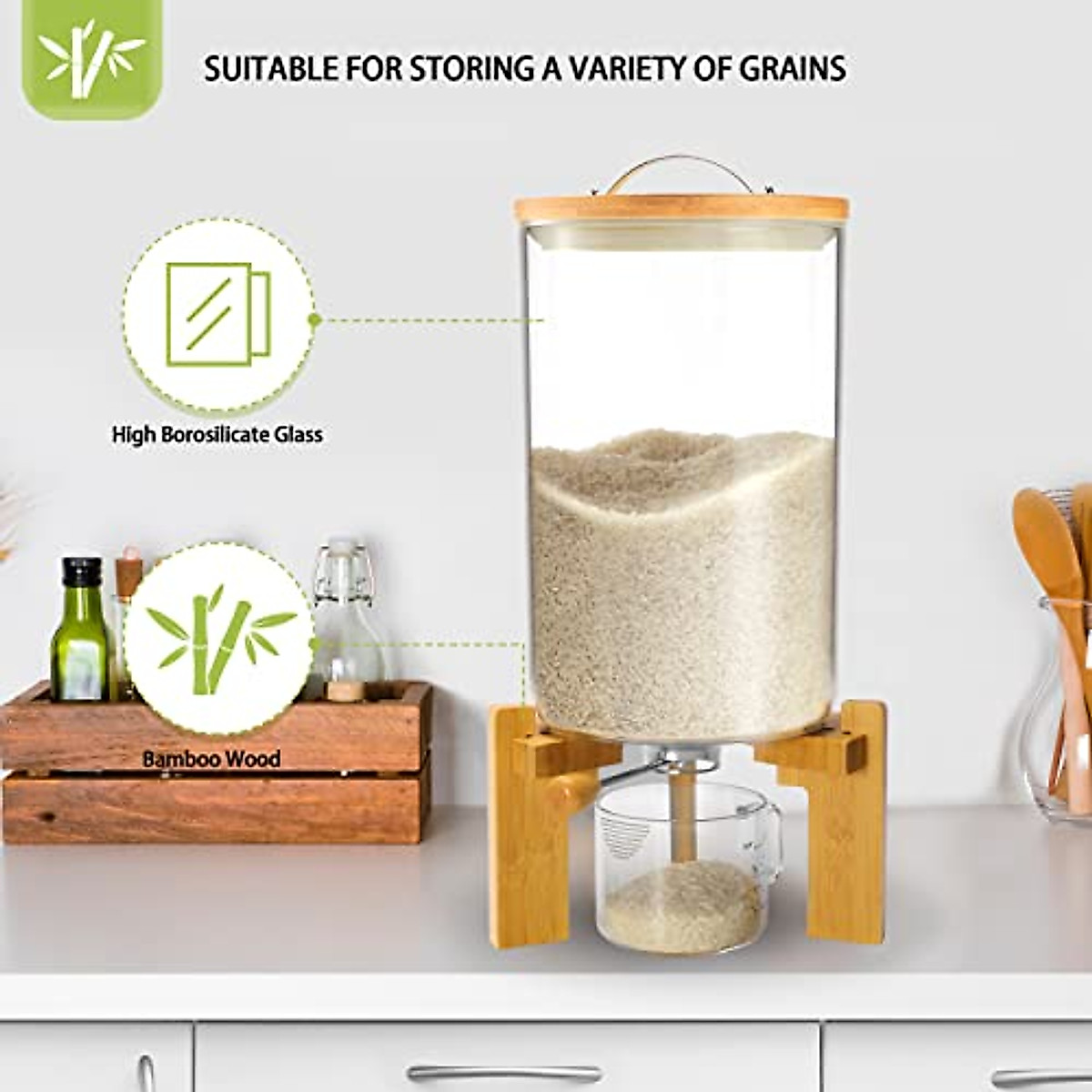 Csyidio 8.8L Rice Dispenser with Stand and Measuring Cup, Glass Rice Dispenser Cereal Dry Food Storge Container for Kitchen Pantry Organization