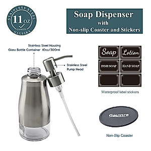 Gaussra Soap Dispenser with Non-Slip Coaster，Brushed Nickel Stainless Steel Case Glass Liner Hand Pump Dispenser，Refillable Liquid Hand Soap Dispenser for Bathroom & Kitchen (11OZ / 320ML)
