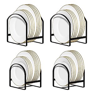4 Pack Kitchen Plate Holder Organizer for Cabinet Space Saver Dinner Dish Plate Storage Rack Upright Dish Drying Racks Metal Plate Dish Racks Stand for Cupboard and Countertop 2 Large 2 Small Black