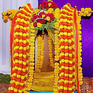 6 Pcs× 5 Feet Long Marigold Flowers Garland Bulk Indian American Wedding Party Mantel Decoration Artificial Dia de Los Muertos Decorations for Altar Faux Flower Garland for Diwali, Bush Floral Party