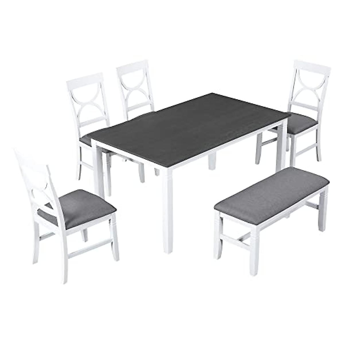 LUMISOL 6 Piece Dining Table Set Farmhouse Style Soild Wood Kitchen Dining Set with Chairs and Bench for 6 Persons, Rectangle Table with Upholstered Chair and Bench, Gray+White