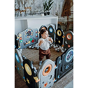 Baby Safety Playpen: Safe Zone Playpen Gray Black Baby Playpen - Kids Activity Center Playard, Safe Play Yard Play Pen with Games & Door for Infants (Gray & Black, 14 Panels)