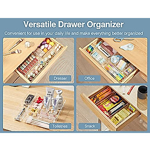 Puroma 25 PCS Drawer Organizer with Non-Slip Silicone Pads, 4-Size Versatile Vanity Drawer Storage Bins, Clear Plastic Drawer Organizer Trays, Customize Layout Organizer for Makeup and Bathroom Vanity