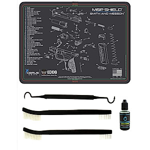 EDOG USA Compatible for Smith & Wesso M&P Shield - 5 PC Schematic (Exploded View) Pistol Cleaning Padded Gun-Work Surface Protector Mat Solvent & Oil Resistant & 3 PC Cleaning Essentials & Clenzoil