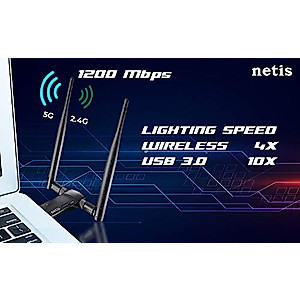 Netis WF2190 Wireless AC1200 Long-Range USB Adapter, Supports Windows, Mac, Linux, Two 5dBi High Gain Antennas, Free USB Cradle