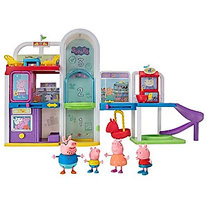 Peppa Pig Shopping Mall with Family, Includes 1 Connectable Mall Playset, 4 Character Toy Figures, 2 Chairs, 1 Pizza Table, 1 Toy Boat – for Kids - AMAZON EXCLUSIVE