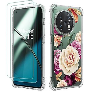 Osophter for Oneplus 11 Case,Oneplus 11 5G Case Women Girls Flower Floral with 2pcs Screen Protector Shock-Absorption Flexible TPU Rubber Phone Cover for Oneplus 11 5G(Purple Flower)