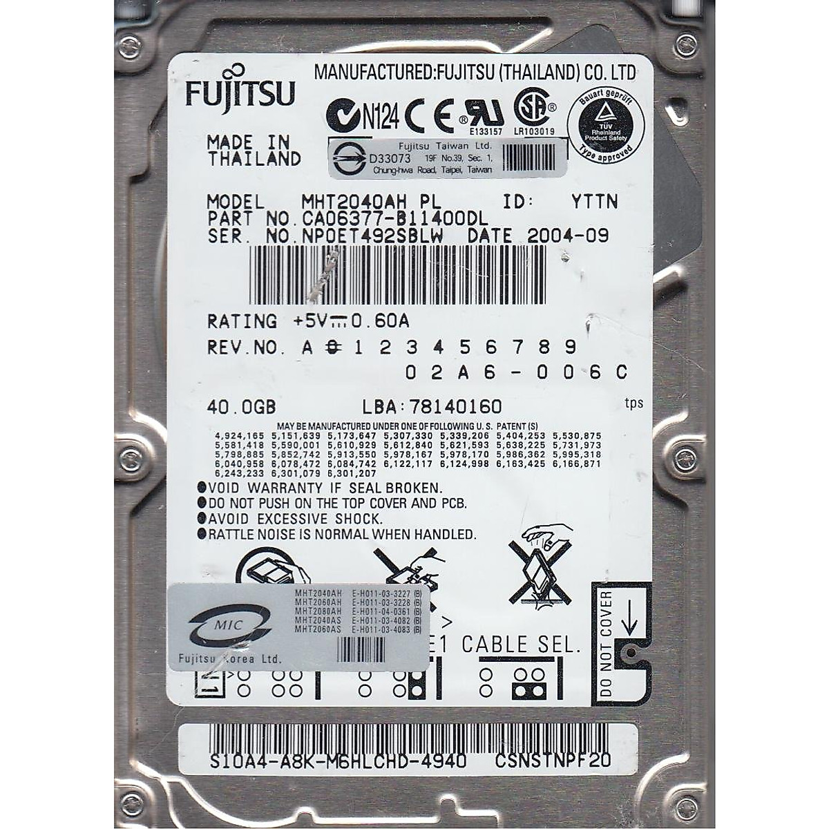 MHT2040AH-PL FUJITSU 40GB 2.5INCH IDE HARD DRIVE P/N: MHT2040AH-PL - FUJITSU