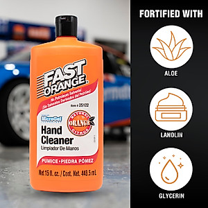 Fast Orange 25122 Pumice Lotion, Heavy Duty Hand Cleaner, Natural Citrus Scent, Waterless Cleaner For Mechanics, Strong Grease Fighter, 15 oz