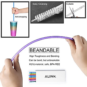 ALINK 12-Pack Glitter Reusable Clear Plastic Straws, 11" Long Hard Tumbler Drinking Straws with Cleaning Brush (10 Colors)