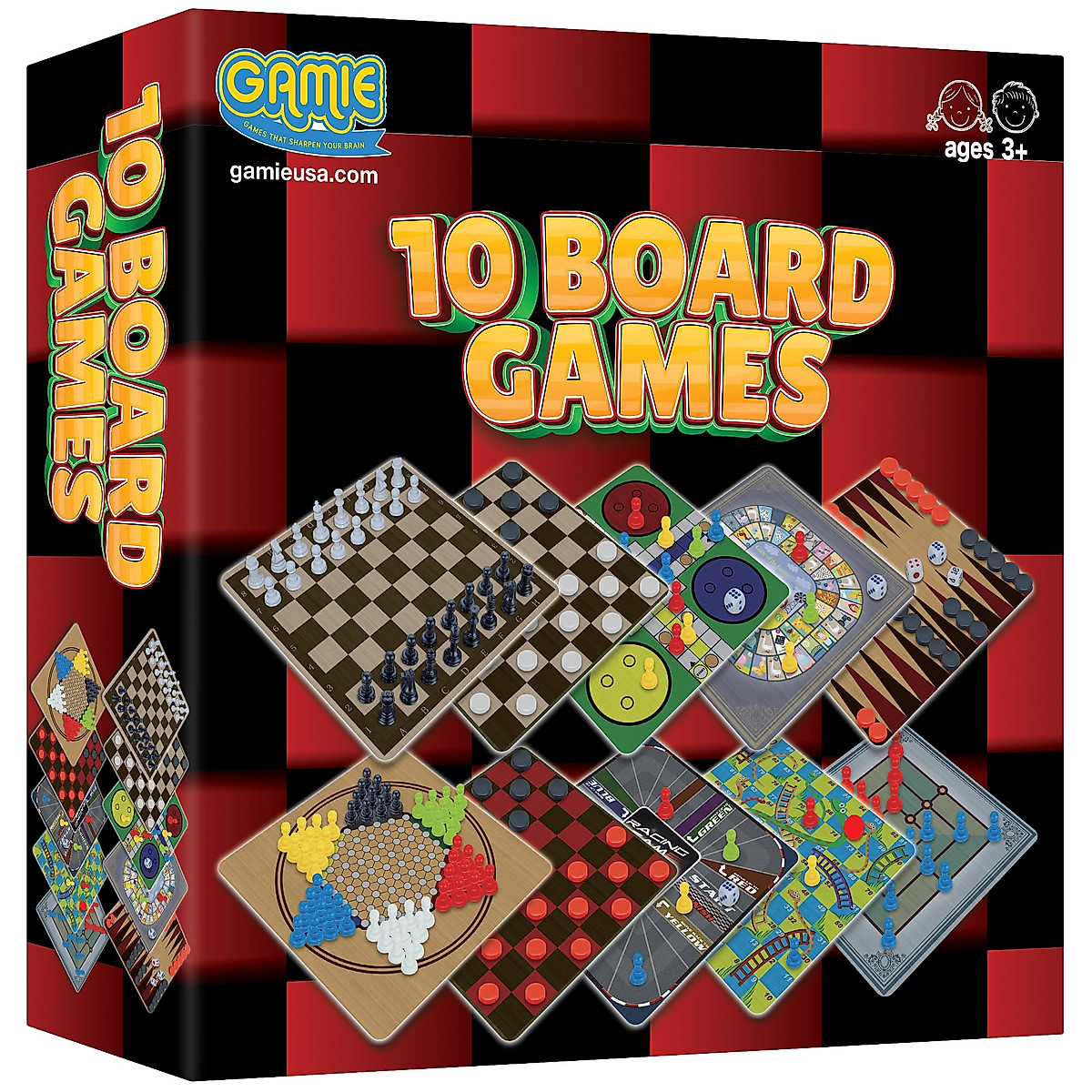 Gamie 10 Board Games Set, Classic Family Games for Kids and Adults, Includes 5 Double Sided Playing Boards with Backgammon, Chinese Checkers, Snakes and Ladders, Sorry, Draught, Racing, Chess and More