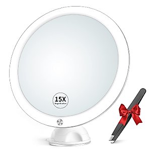 15x Magnifying Mirror with Light & Tweezers - Lighted Makeup Mirror with Strong Magnification for Precise Makeup, Plucking, Lighted Magnified Mirror w/Suction Cup for Bathroom, Dual Power , 8"