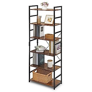 MoNiBloom 6-Tier Bookcase, Tall Bookshelf with Metal Frame Industrial Style Display Shelves for Home Living Room Office, Rustic Brown