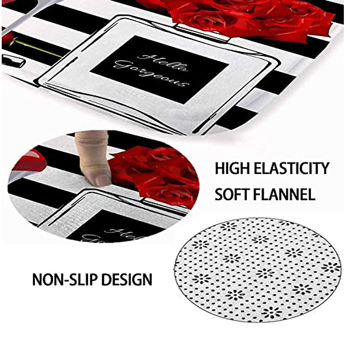 Dia Magico 4PCS Red High Heels Shower Curtain Set, Black White Striped Hello Gorgeous Perfume Lipstick Cosmetic Makeup Rose Flower Romantic Women Bathroom Decor Fabric Shower Curtain Non-slip Bath Mat