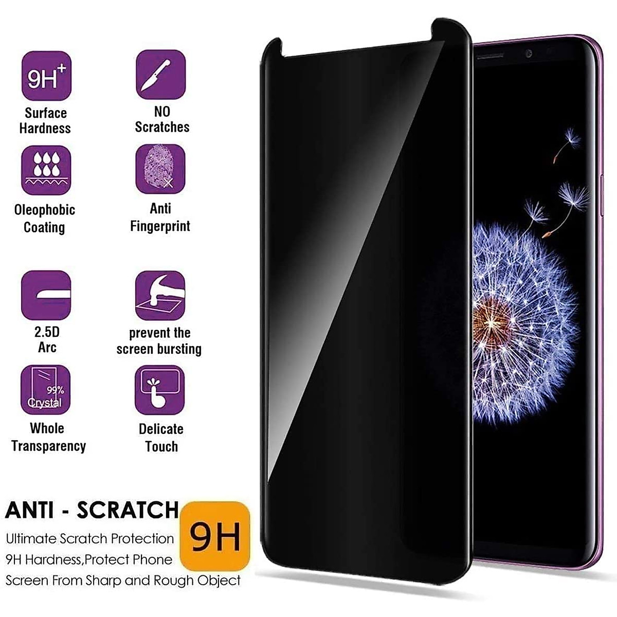 [2-Pack] SUKER Galaxy S9 Privacy Tempered Glass Anti-Spy Screen Protector [3D Curved] [Case Friendly] [9H Hardness] for Samsung Galaxy S9 (5.8"), Anti-Scratch, Bubble Free