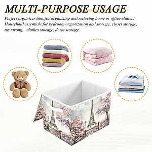 Kigai Beautiful Paris Eiffel Tower Lidded Home Storage Bins, Foldable Storage Basket with Double Handle, Flip-Top Storage Box for Toys Clothes Documents
