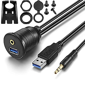 URWOOW USB Flush Mount - 3.5mm & USB 3.0 AUX Extension Mount, Dash Mount, Flush Mount, Panel Mount Cable, for Car, Boat, Motorcycle (2M 6ft)