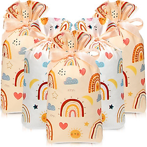 Bulyoou 50 Pcs Boho Gift Bags Bulk Bohemian Plastic Drawstring Bags Hippie Retro Birthday Candy Bags Rainbow Party Favor Bags for Kids Birthday Boho Party Supplies